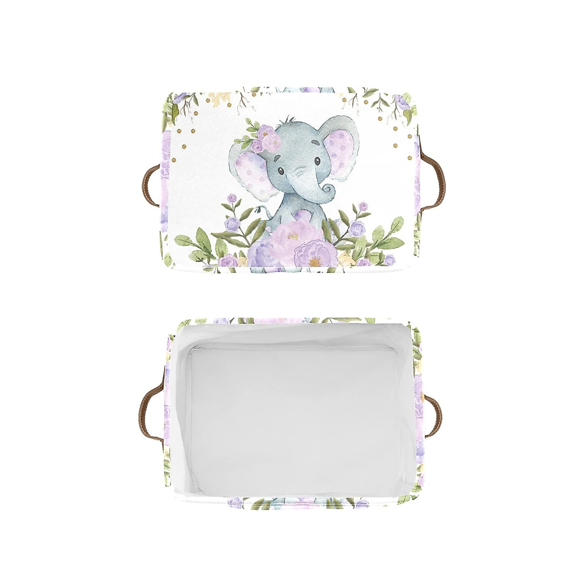 CUXWEOT Personalized Purple Floral Elephant Storage Bin with Name Waterproof Canvas Organizer Bin with Handles for Gift Baskets Book Bag (2 Pack)