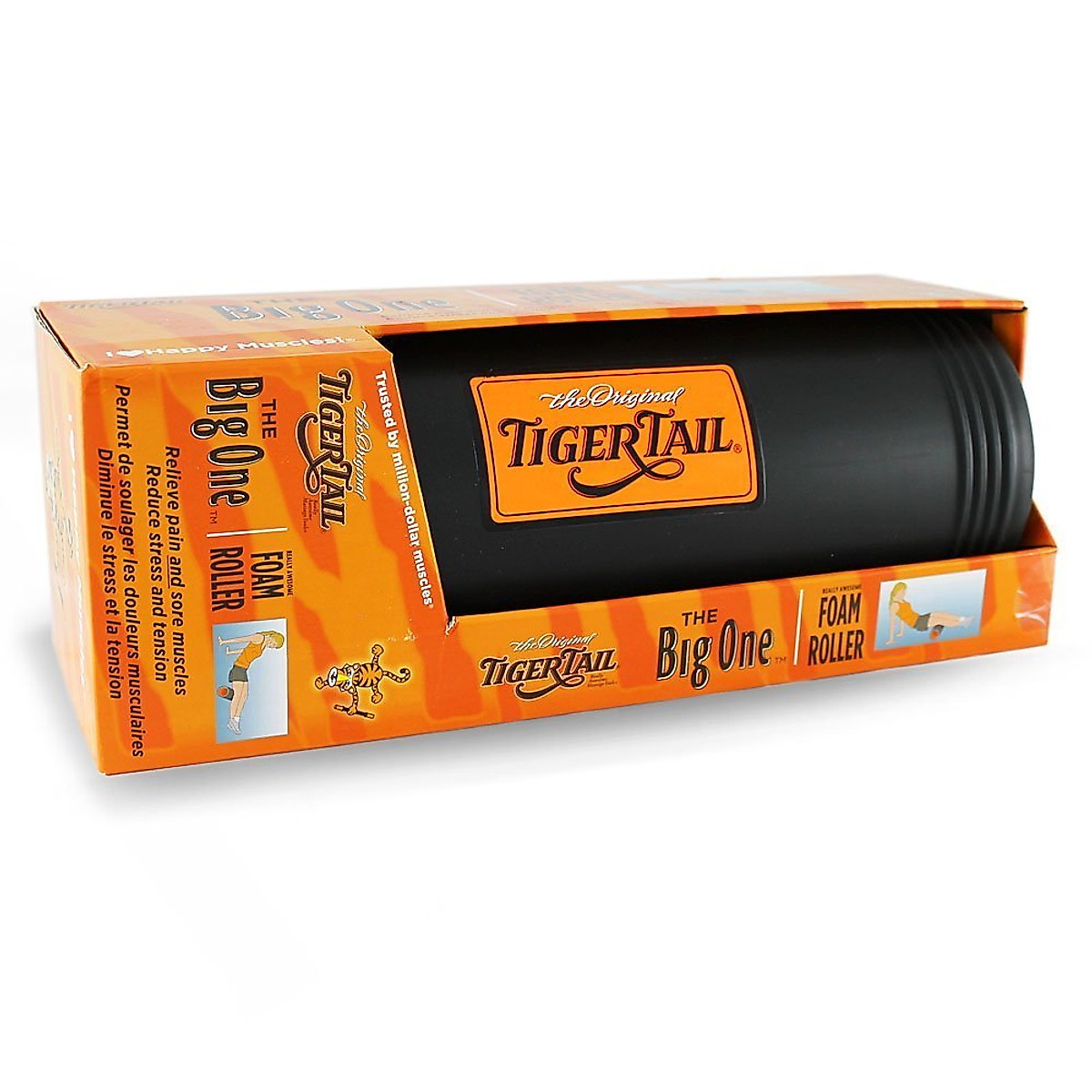Tiger Tail Bundle: 18in Portable Massage Stick Portable Roller + The Big One Foam Roller + The Stretchy Tiger 80" Stretch/Yoga Strap + Happy Muscles Book