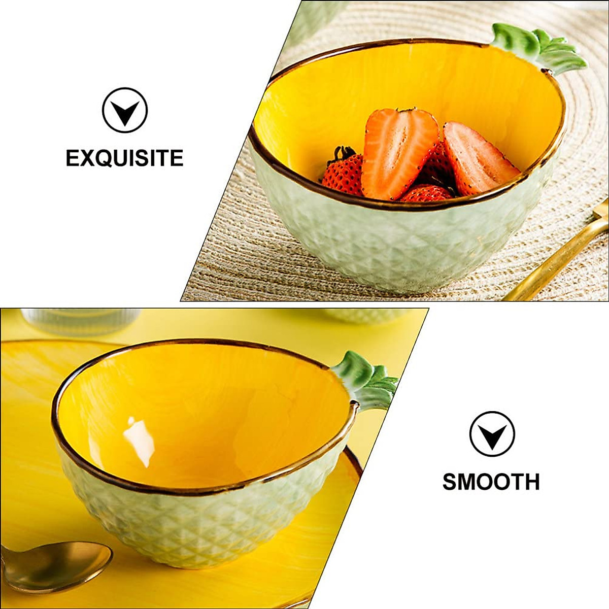 SEWACC Ceramic Hawaiian Pineapple Bowl: 2pcs Tropical Theme Porcelain Soup Oatmeal Cereal Stew Dessert Bowl Salad Pasta Rice Yoghurt Condiments Side Dishes Dip Ramen Noodle Plate