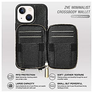 ZVE for iPhone 14 Plus Crossbody Wallet Case for Magsafe, Magnetic Phone Case with RFID Blocking Card Holder Wrist Strap for Women, Zipper Leather Cover for iPhone 14 Plus, 6.7"-Black
