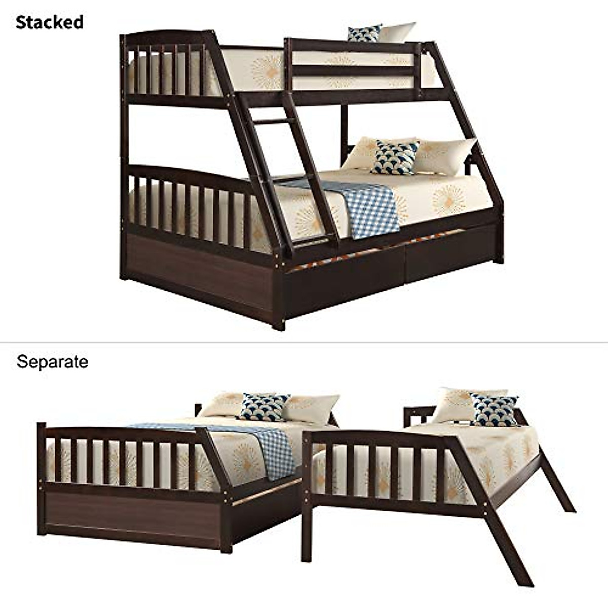 Harper & Bright Designs Twin Over Full Bunk Bed with Two Storage Drawers, Solid Wood Bunk Bed for Kids, Teens, Adults, Espresso
