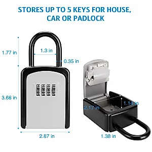 Key Lock Box, Upgraded Lockbox for Keys Outdoor, Key Safe Box, Weatherproof 4 Digit Combination Key Storage Lock Box, 5 Keys Capacity Lockbox with Removable Shackle for Indoor Outdoor, 3.66inch