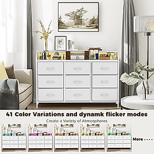White Dresser for Bedroom, 9 Drawers Dresser with LED Lights & Charging Station, Large Fabric Dresser with PU Finish, Kids Adults Chest of Drawers with Sturdy Frame for Entryway Closet Living Room