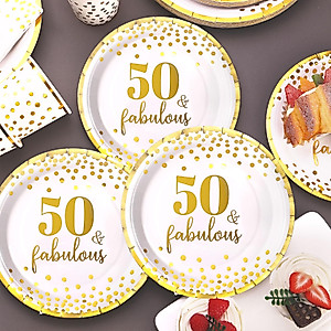 Gudvilla 50th Birthday Decorations for Men Women, 168Pcs 50th Birthday Plates and Napkins Party Supplies, 50 and Fabulous Birthday Plates with Gold Dot Serve 24 Guests, 50th Anniversary Decorations