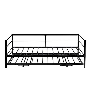 ATY Twin Size Daybed with Adjustable Pop Up Trundle, Sturdy Metal Bedframe w/Safety Guardrail, Perfect for Dorm,Guest Room, Bedroom, Easy Assemble, Black