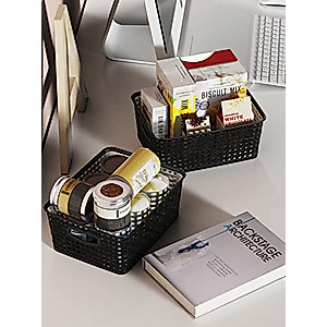 WYT Woven Storage Organizer Basket, 6-Pack Black Plastic Weave Baskets, 10.1 x 7.55 x 4.1