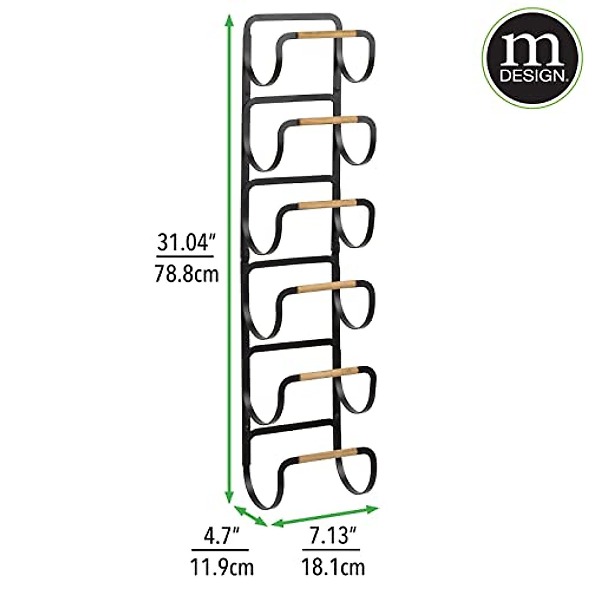 mDesign Wall Mount Towel Storage Rack for Bathroom - 6-Tier Hanging Organizer Mounted Holder Shelf for Multiple Bath Towels or Robes - Steel Metal and Wood - Yami Collection - Matte Black/Natural