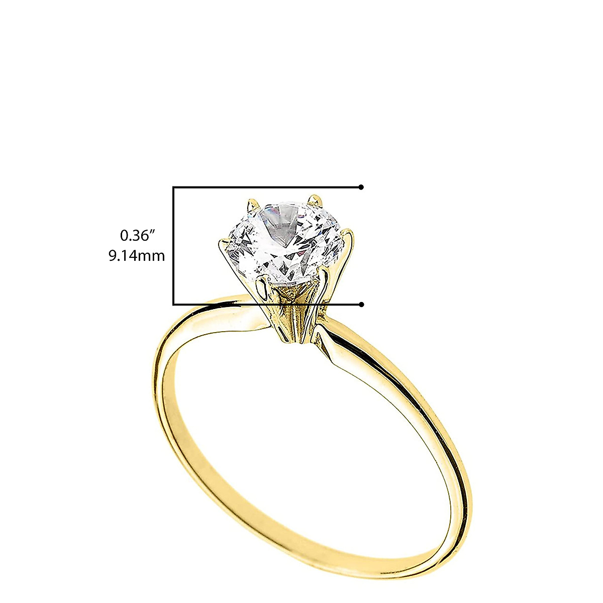 10K Yellow Gold Round Brilliant Cut Cubic Zirconia Solitaire 6 Prong Engagement Ring with Slender Band - Size 6