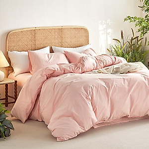 Wake In Cloud - Cotton Duvet Cover Set, Full Size, Light Blush Pink, 100% Washed Cotton, Linen Like Textured, Breathable Percale Durable Comfy Farmhouse Neutral Bedding Set, 3 Pieces