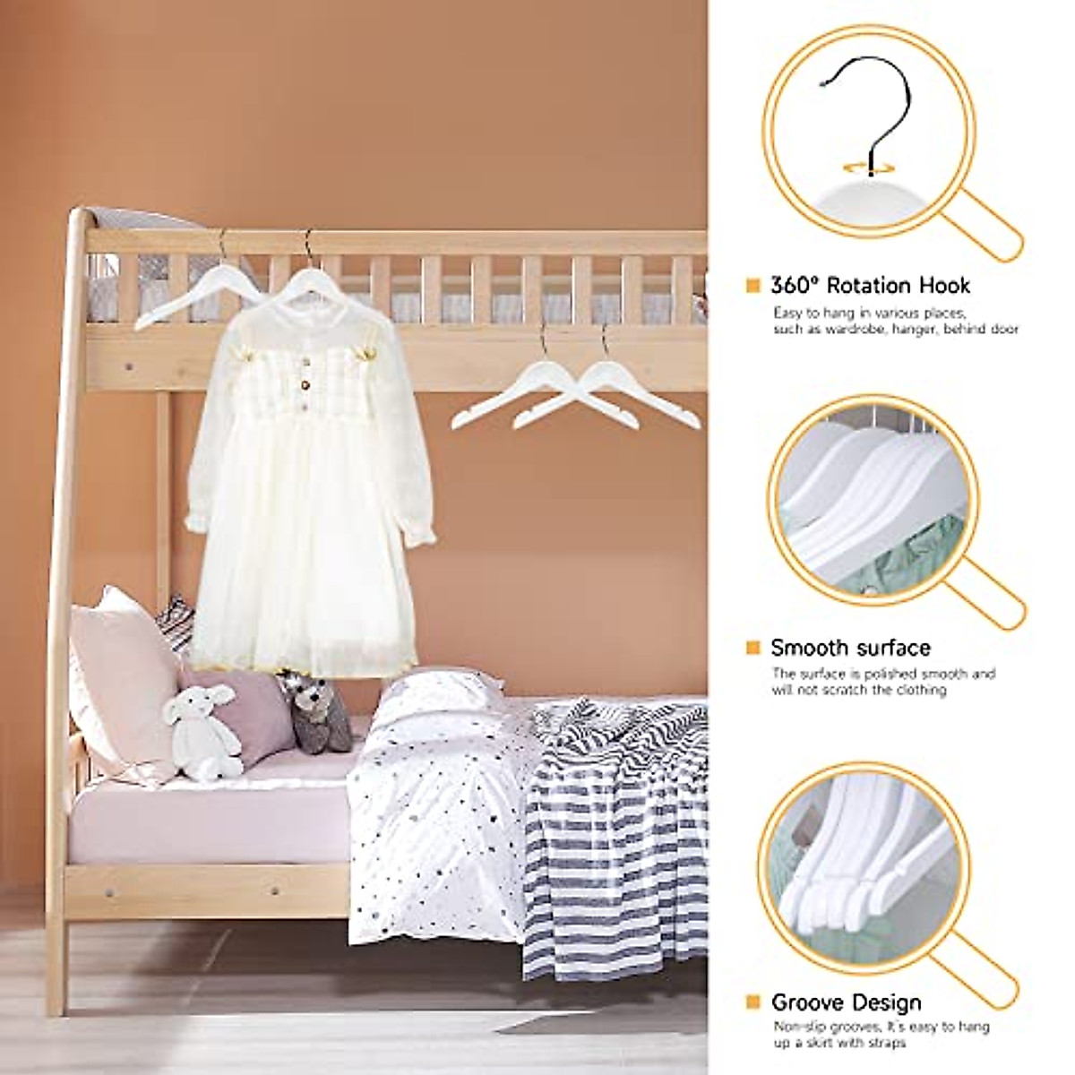 Nature Smile 20 Pack 14 Inches Juniors Preteen Older Children Wooden Clothes Hangers Wood Dress Shirt Hanger Coat Jacket Hangers with Notches and 360° Swivel Anti-Rust Chrome Hook (White)