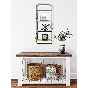 Creative Co-Op 32 Inch Metal & Wood Hooks Wall Shelf, Black