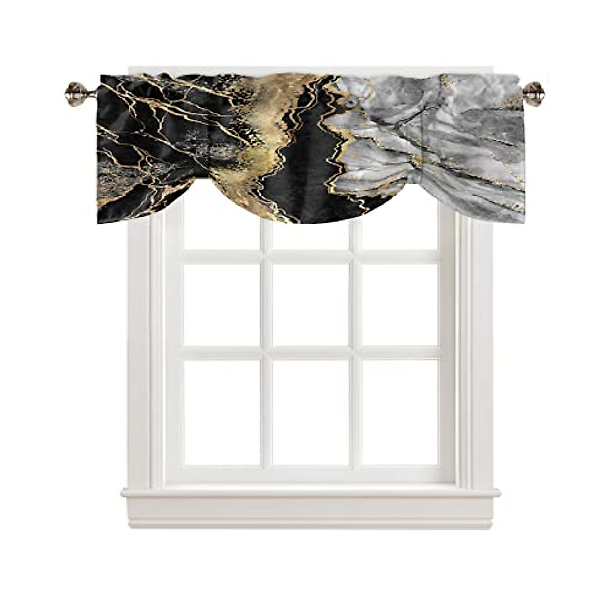 SIGOUYI Kitchen Curtains, Black White Gold Marble Valances for Windows, Short Curtains Rod Pocket Bathroom Curtains Window, Kitchen Window Curtains Over Sink, 60x18in Valances for Kitchen