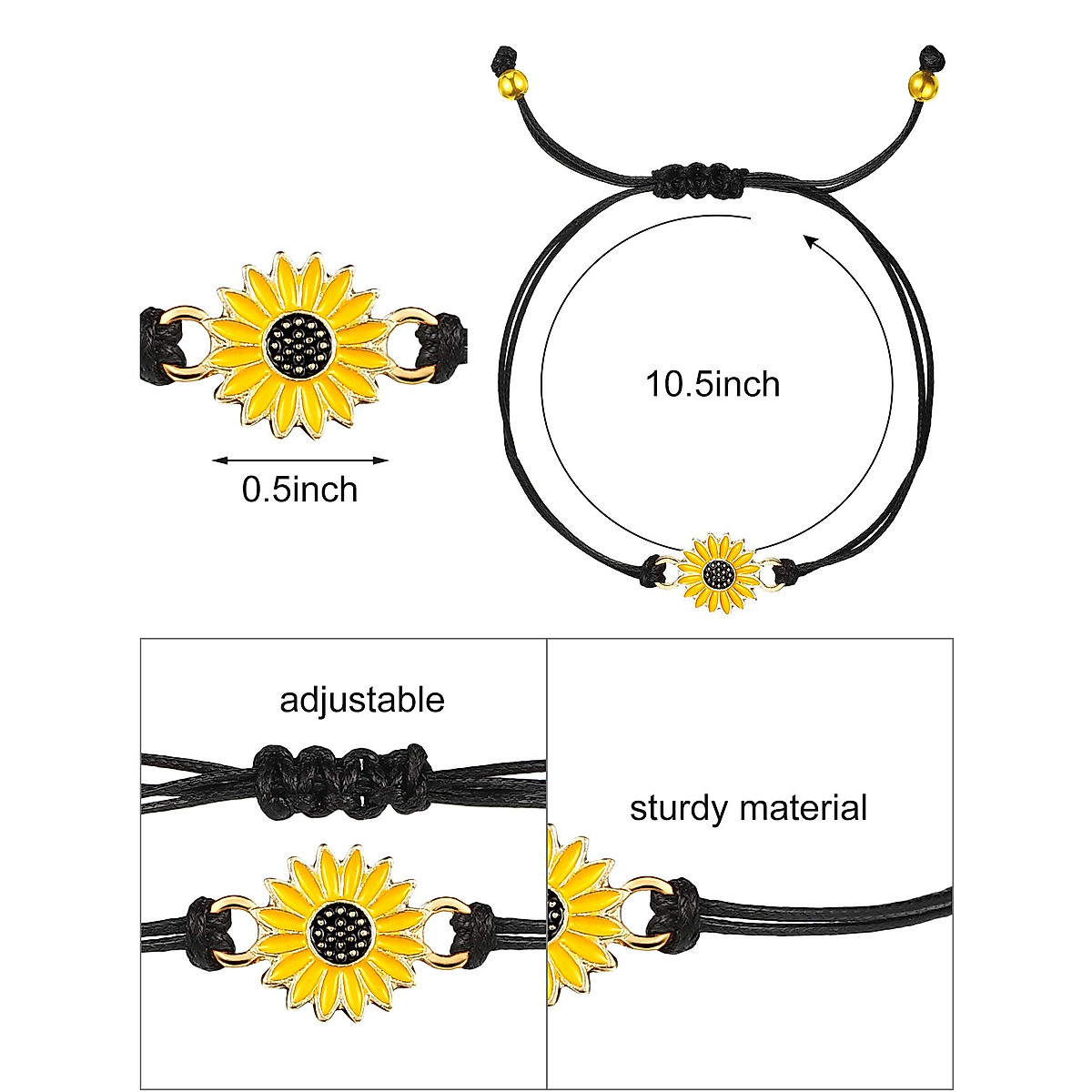 Hicarer 10 Pieces Sunflower Bracelets Handmade Boho Friendship Bracelets Adjustable Braided Rope Cute for Women Teen(Black)