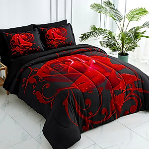 WONGS BEDDING Red Comforter Set King, Reversible Red Rose 7 Pieces Bed in a Bag, Lightweight Soft Microfiber Bedding Sets with Comforter, Flat Sheet, Fitted Sheet, Pillowcases & Shams