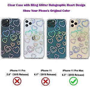 CEOKOK Compatible with iPhone 11 Pro Max Case Glitter Clear with Design Laser Holographic Heart Love Sparkly Cute Bling Hard PC & Soft TPU Shockproof Protective Phone Cover for Women Girls
