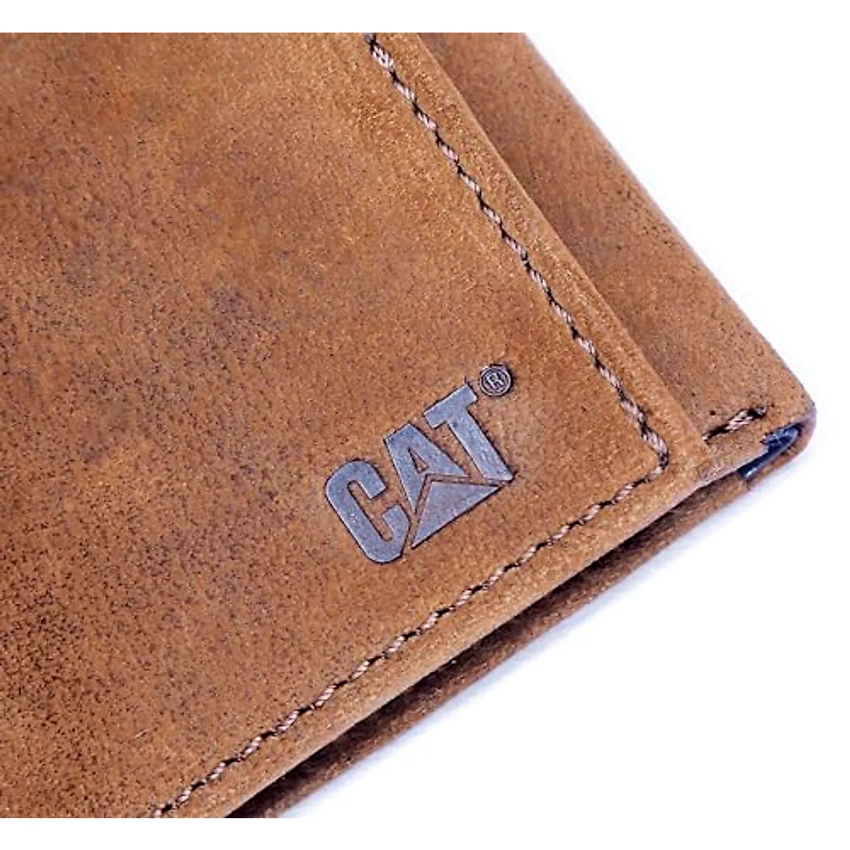 Caterpillar Men's Leather Trifold Wallet with ID Window, Tan, One Size