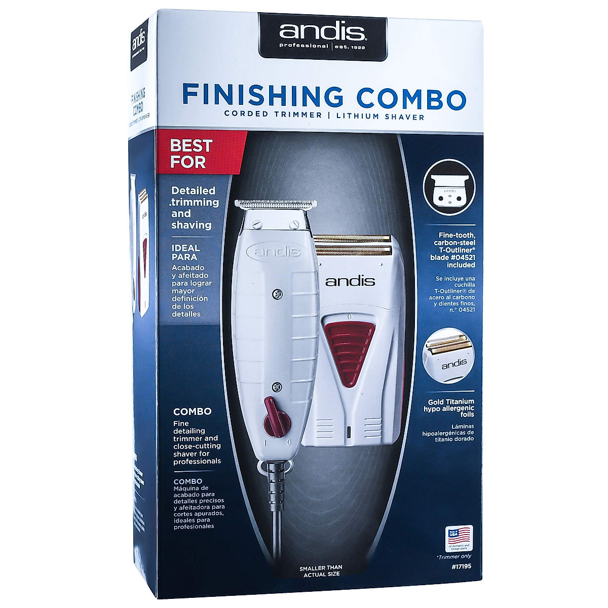 Andis Professional Finishing Combo, T-Outliner Beard/Hair Trimmer with T-Blade, Gray, Model GTO - Cordless Mens Lithium Battery Titanium Foil Shaver (17195) - Bundled with BeauWis Brush