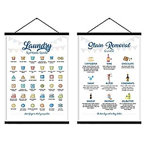 CHDITB Laundry & Stain Removal Theme Art Print Wash Room Magnetic Natural Black Wood Hanger Frame Poster, Canvas Unique Symbols Be The Change Painting 28X45cm Wall Hanging Regular Sign For Toilet Decor