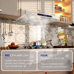 EKON 36 inches Under Cabinet Range Hood, 900 CFM Stainless Steel Kitchen Chimney Vent, 4 Speed Touch Screen Control With Remote 2Pcs 3W LED lights Dishwasher-safe Filters Fan Timer