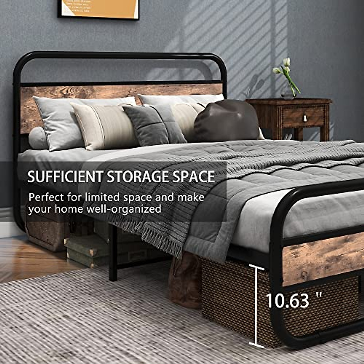 Albearing Metal Full Size Bed Frame with Wooden Headboard and Footboard, Heavy Duty Oval-Shaped Platform Bed with Under-Bed Storage, Steel Slats Mattress Foundation Round Pipe Design，Brown