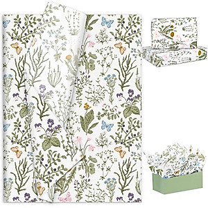 JarThenaAMCS 100 Sheets Vintage Wildflower Tissue Paper Wild Floral Art Tissue Spring Wrapping Paper for Birthday Wedding DIY Crafts Gift Packing, 20 x 14 Inch