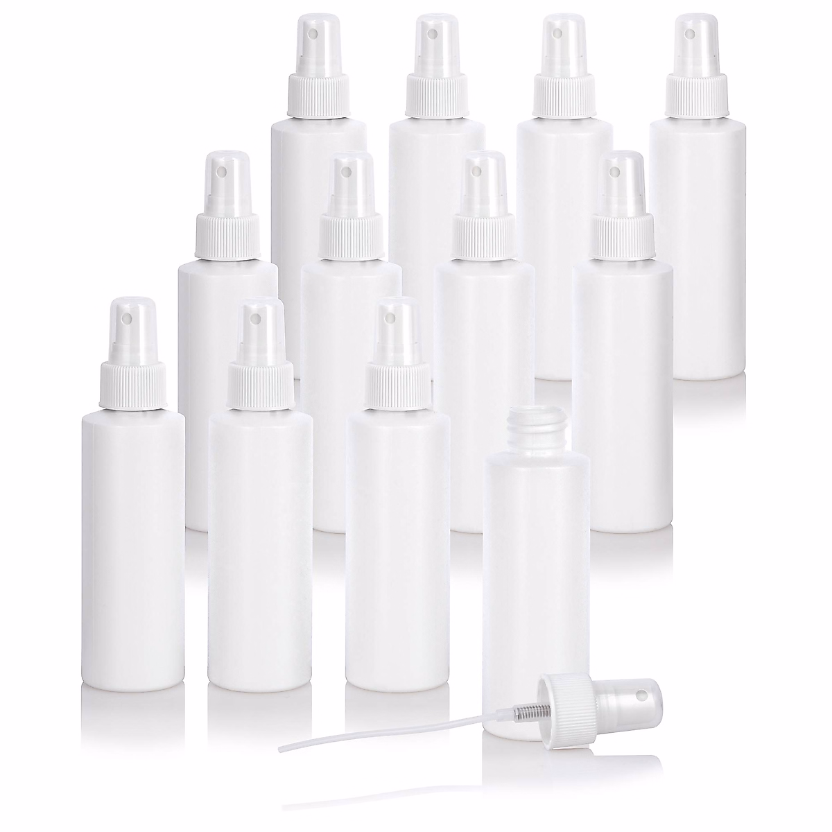 JUVITUS 4 oz / 120 ml White Plastic HDPE Refillable Cylinder Squeeze Bottle with White Fine Mist Spray (12 Pack)