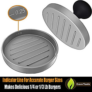 Cave Tools Burger Press - Perfectly Formed Hamburger Maker - Includes 200 Non Stick Patty Papers for Making 1/4 lb or 1/3 lb Stuffed Pocket Burgers - Aluminum Presser