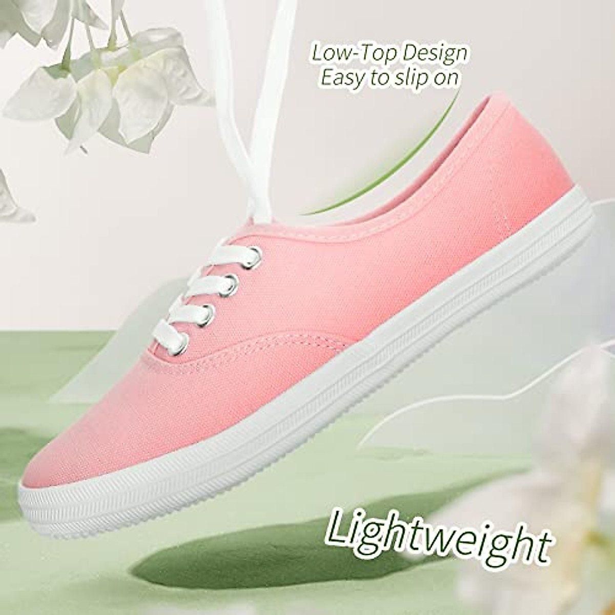 Womens White Canvas Sneakers Low Top Lace-up Canvas Shoes Lightweight Casual Tennis Shoes(Pink.US7)