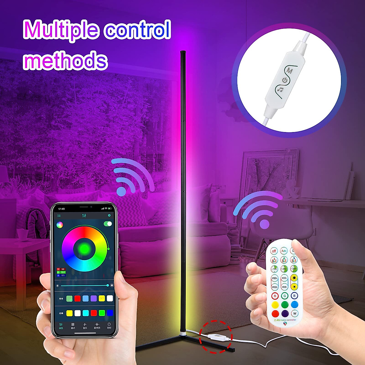 Retisee 2 Pieces 65 Inch Modern Lighting Corner Lamp with Remote and App Control LED Dimmable Corner Floor Lamp Color Changing RGB Lamp with Music Sync Timing for Living Room Gaming Room