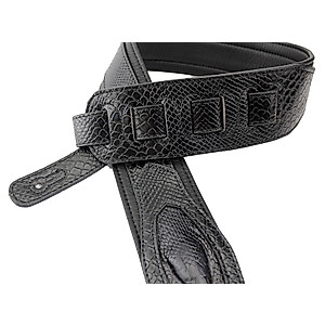 Walker & Williams SF-06 Black Handmade Textured Snakeskin Pattern Padded Guitar Strap with Snakehead Design For Acoustic, Electric, And Bass Guitars