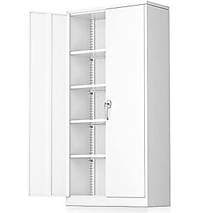 Greenvelly Metal Locking Storage Cabinet, 72" with Doors and 4 Shelves, Large Steel Tall Lockable Tool, Office Cabinet with Lock and 2 Keys for Home, Laundry Room, White