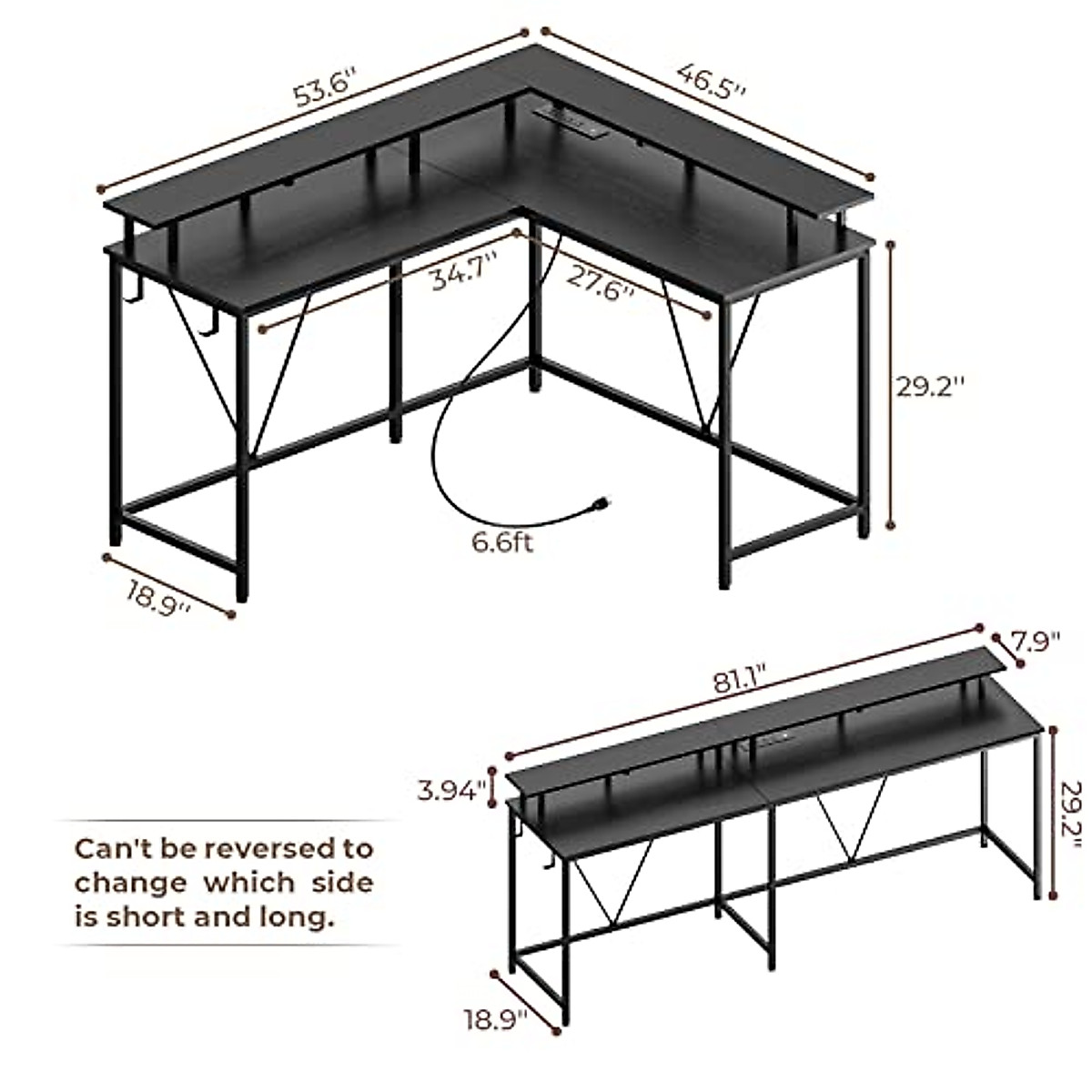 Huuger L Shaped Gaming Desk with LED Lights & Power Outlets, Computer Desk with Monitor Stand & Hooks, Home Office Desk, Corner Gaming Desk, Black