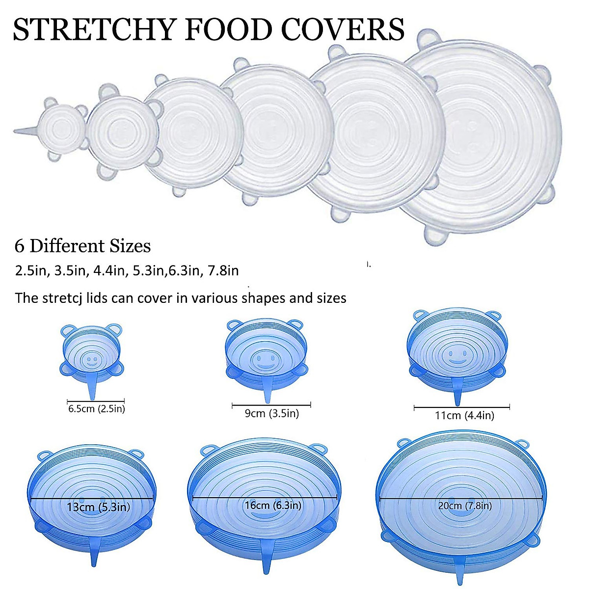 JIGUOOR Silicone Stretch Lids, 6 Pack Reusable Silicone Lids, Durable Food Storage Silicone Covers for Bowl, 6 Sizes to Meet Most Containers to Keep Food Fresh, Microwave Safe - Easy Clean