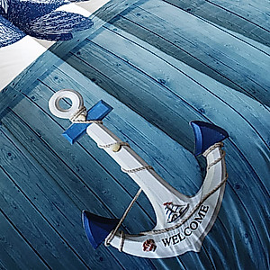 Suncloris Nautical Sailboat Comforter Set for Kids and Adults, Queen Size Anchor Rudder Themed Bedding Comforter with 2 Coastal Ocean Plant Patterned Pillowcases - 90"x90" (Queen, Dark Blue)