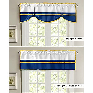 Blue White Block and Gold Yellow Lines Tie Up Valance Curtain for Kitchen-Small Window Shade Valances Adjustable Rod Pocket Windows Treatment for Bathroom Decor Modern Minimalist Art,1 Panel 42x12in