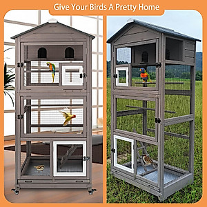 Gowoodhut 68.8"L Outdoor Bird Aviary Indoor Wooden Large Bird Cage Parakeet Cage on Wheels,Removable Wire Netting Slide Pull Out Tray, 2 Perches, Nest House,Ideal for Small Birds,Finches,Parrots,Grey