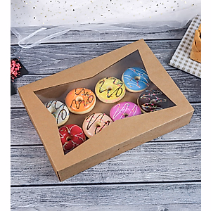 SOROO 15-PACK Brown Pastry Bakery Box 16x11x2.75inch,Large Donuts,Muffins,Cookies Boxes with Window Auto-Pop up Paper Box Nature Cardboard Take Out Container,Hold 12 Donuts,Pack of 15
