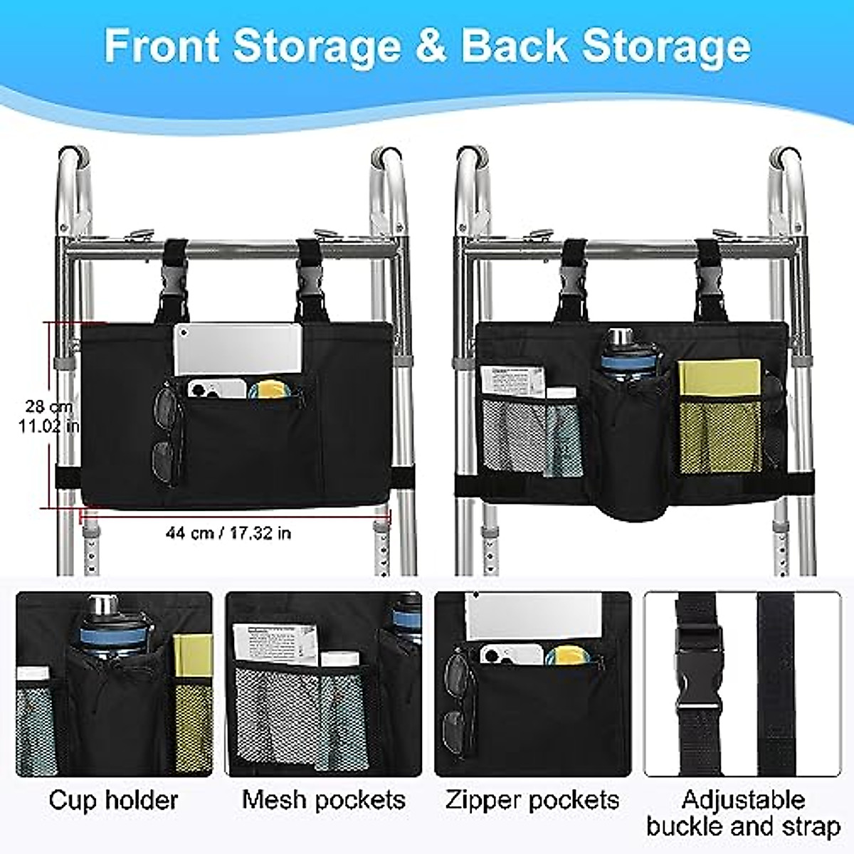 supregear Universal Accessories Bag for Walker, Wheelchair, Rollator, Scooters, Seniors Detachable Preserve Heat Cooler w/Cup Holder-Folding Walker Basket Waterproof Walker Caddy Pouch, Black