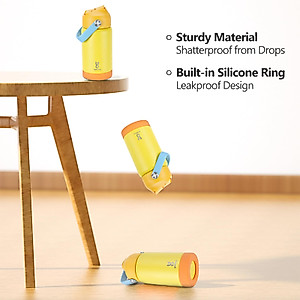 Kids Insulated Water Bottle with Straw Lid & Silicone Handle,12oz Kids Leak Proof Water Bottle for School Boys Girls,Double Wall Vacuum Stainless Steel with Non-slip Silicone Base(Yellow)