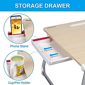 Laptop Bed Table, NEARPOW XXL Bed Trays for Eating, Laptops, Writing, Study and Drawing- Laptop Desk for Bed, Sofa and Couch- Folding Laptop Standwith Portable Book Stand and Drawer Storage - Wood