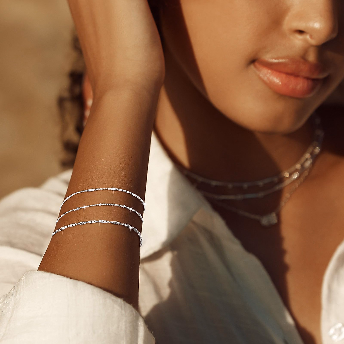 Picuzzy Silver Bracelet for Women, 14k Gold/Sterling Silver Bracelets for Women Dainty Stackable Bracelets for Women Trendy Waterproof Womens Figaro Rope Stack Bracelet Set Box Paperclip Chain