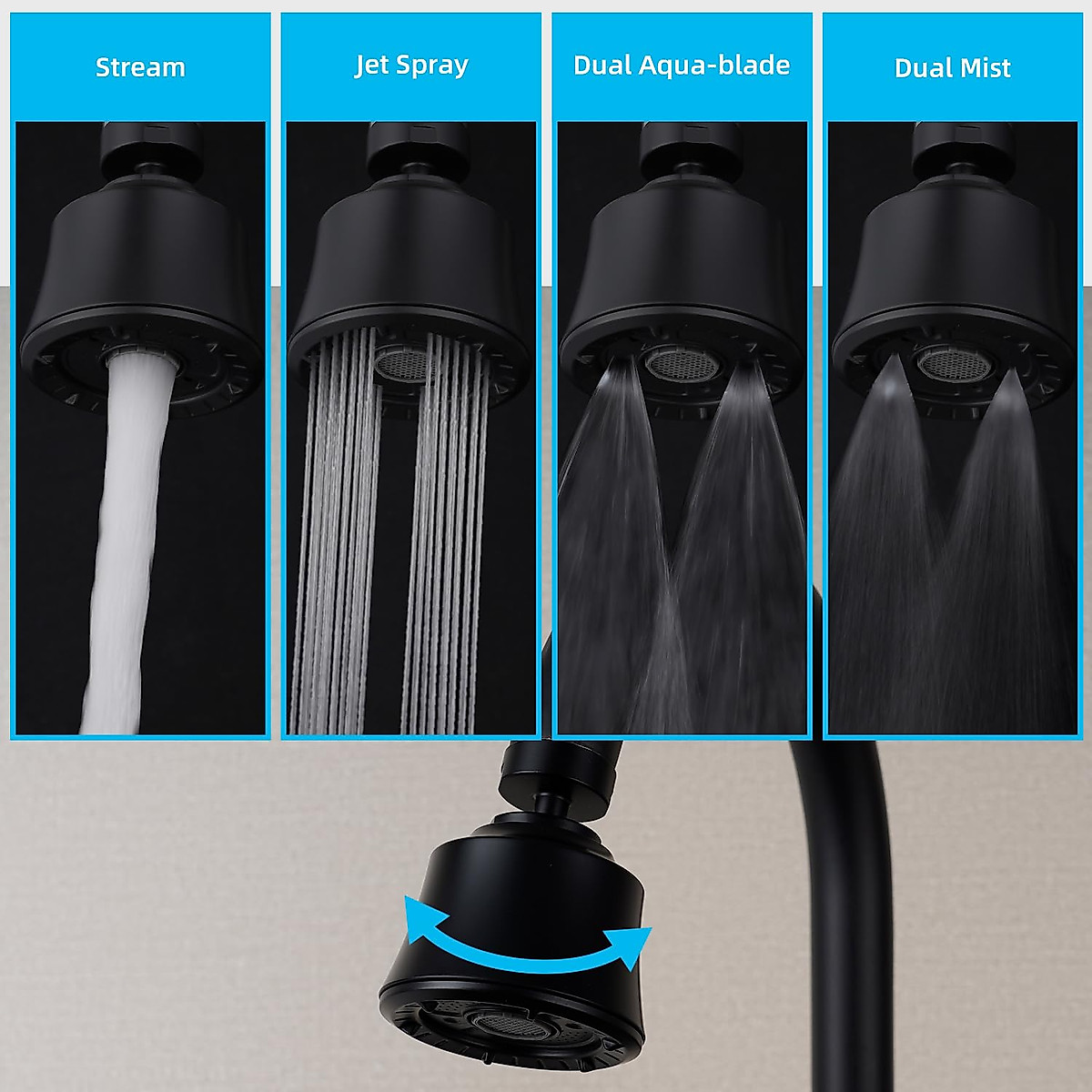 iFealClear Sink Faucet Aerator, Big Angle Swivel Faucet Sprayer Head, 360 Degree Kitchen Sink Faucet with 4 Spray Modes, Female and Male Thread Adapters Included, Matte Black