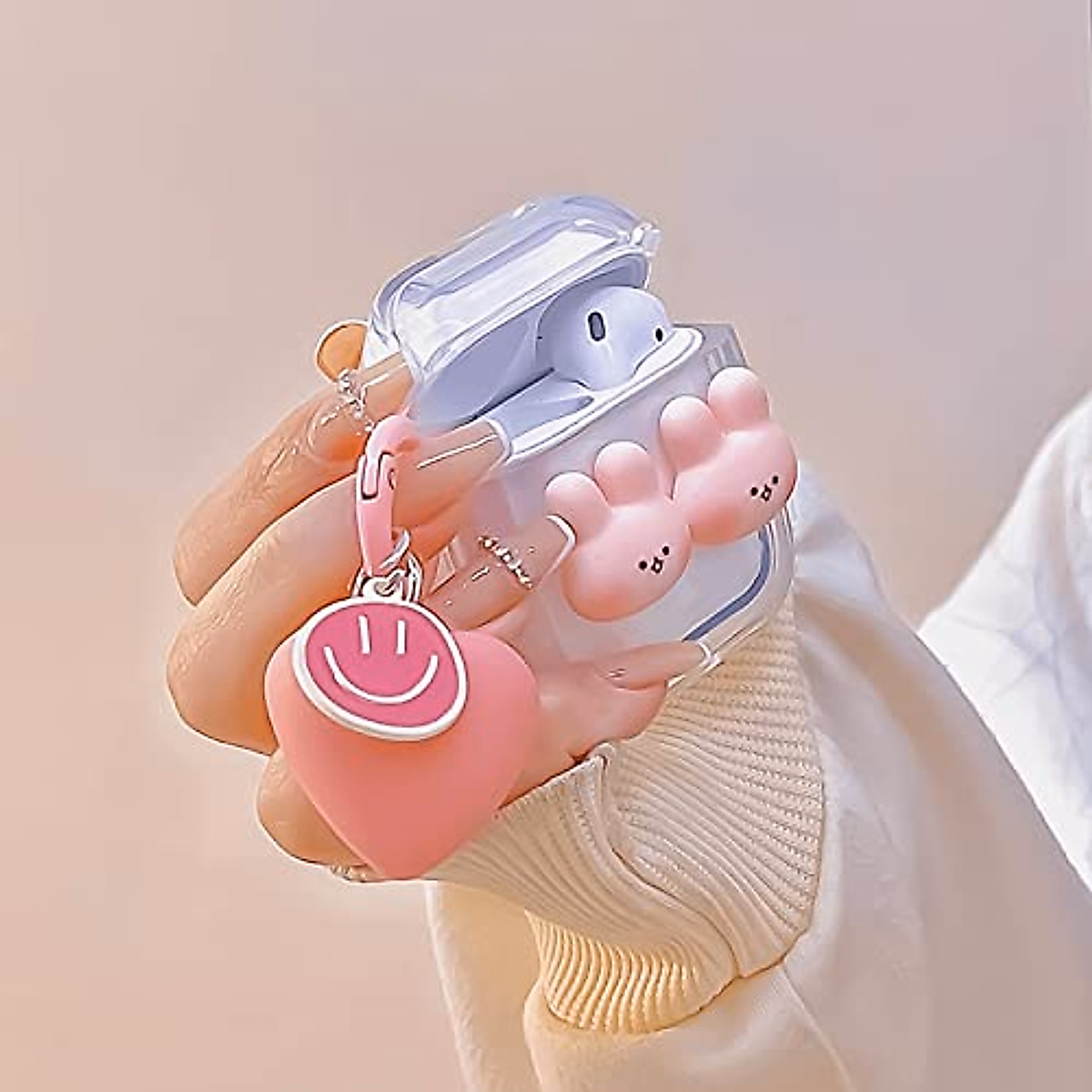 Woyinger Airpods Pro Case Cover with Keychain,Cute Kawaii Cartoon 3D Stereoscopic Pink Rabbit Head Clear Soft TPU Full Protection Shockproof Charging Case Cover Airpods Pro Case.
