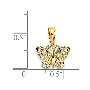 Solid 14k Yellow Gold Filigree Butterfly Charm Pendant - 8mm x 12mm