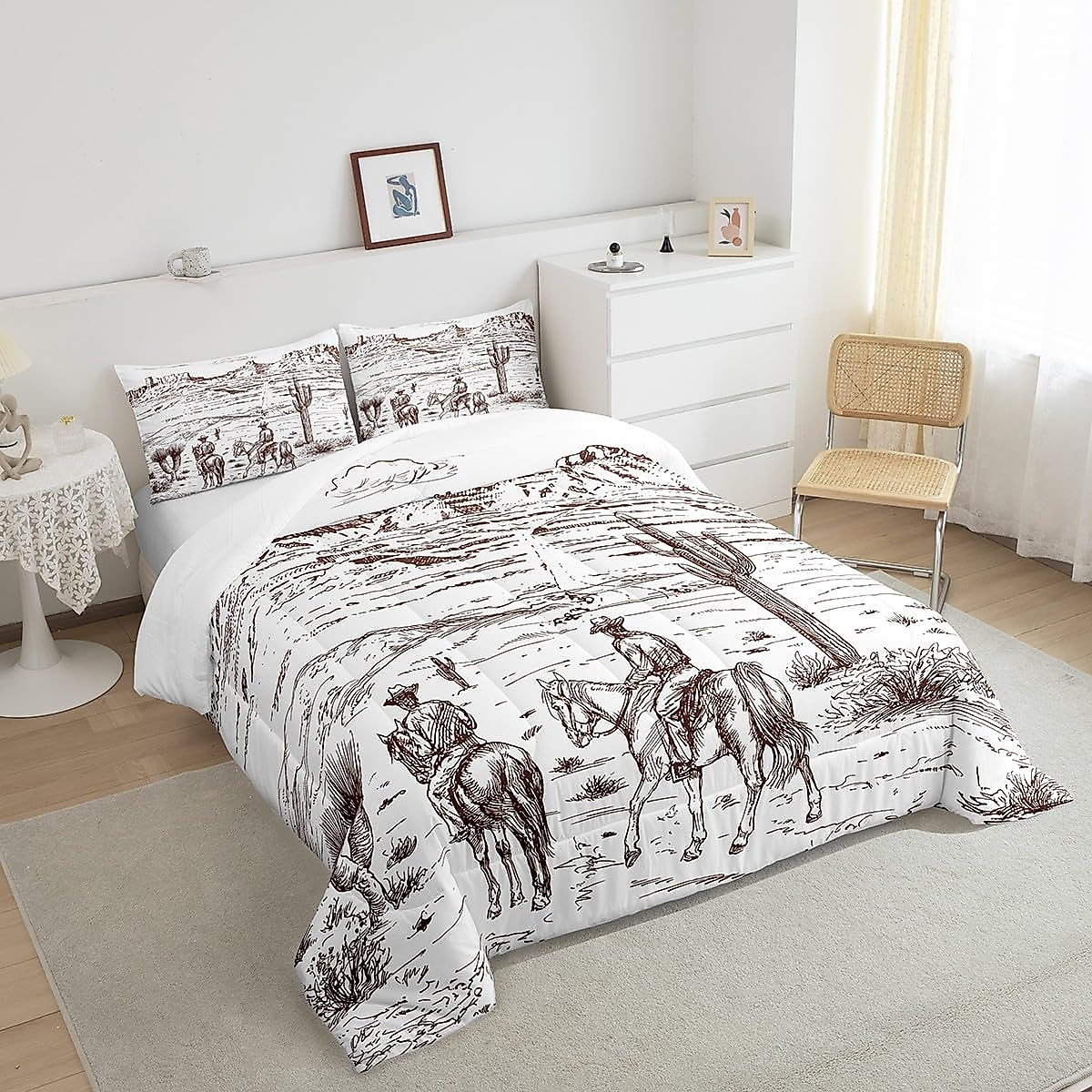 Cowboy Comforter Set Western Bedding Queen Size Wild West American Desert Rustic Hand Drawn Illustration Bedroom Decor Bedding Comforter Sets For Boys Adults Men Girls Rustic Farmhouse Duvet Insert