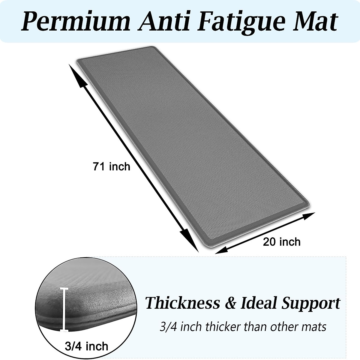 Artnice Anti Fatigue Kitchen Mat, 3/4 Inch Thick Waterproof Non Slip Cushioned Kitchen Rugs, Memory Foam Comfort Standing Mat for Home, Sink, Office, Laundry (20"x71",Grey)