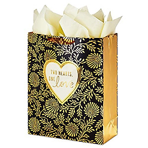 Hallmark 15" Extra Large Gift Bag with Tissue Paper ("Two Hearts, One Love" Black and Gold) for Weddings, Anniversaries, Engagements, Valentine's Day