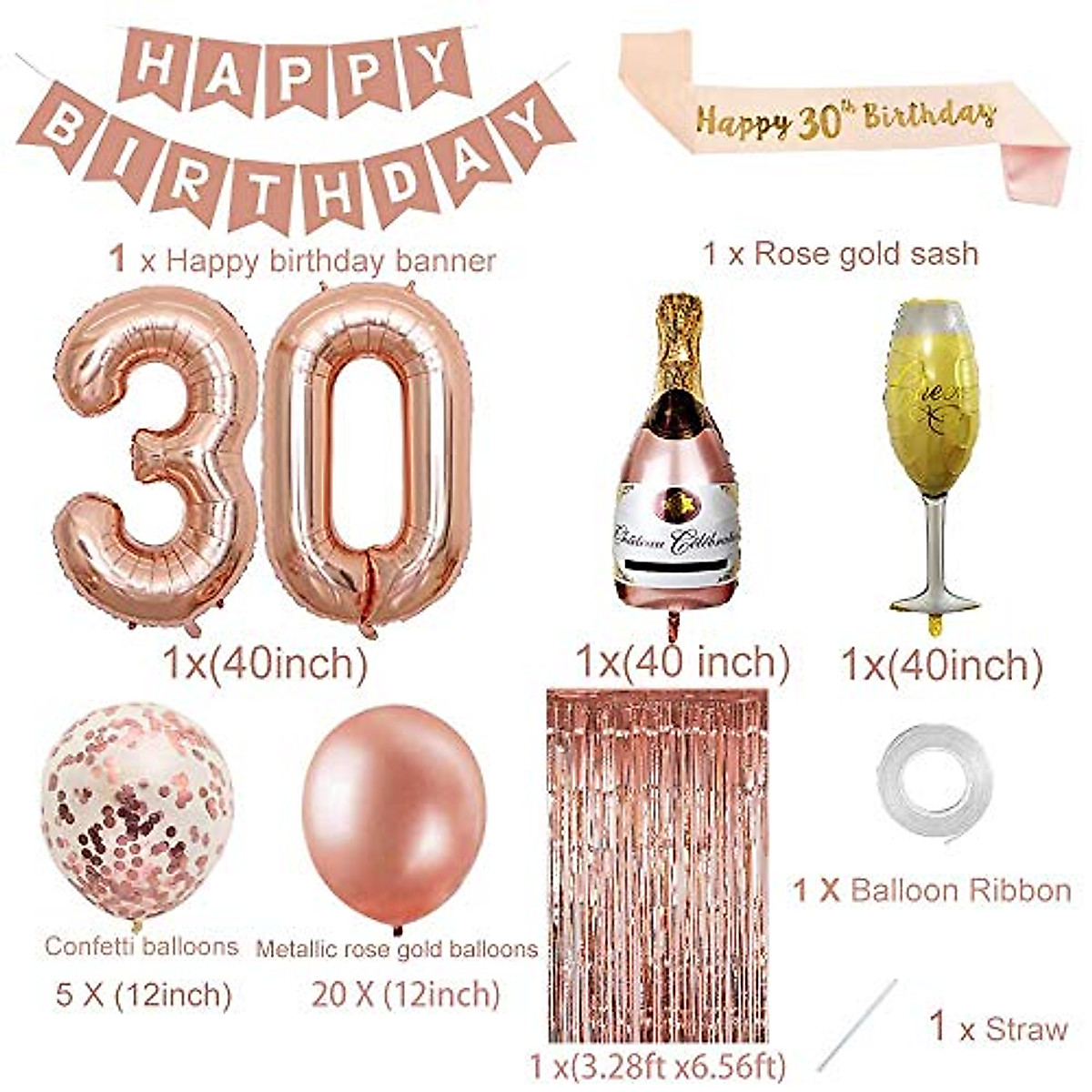 30th Birthday Decorations for Women, Rose Gold 30 Birthday Party Decoration for Her, 30th Happy Birthday Banner Kits Rosegold Balloons Decoration for Girls Women 30th Birthday Party Supplies
