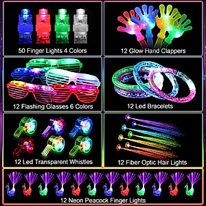 122 PCS Glow In The Dark Party Supplies Light Up Toy Party Favors with 12 Flashing Glasses LED Bracelets Flashing Hair Neon Peacock Finger Light LED Whistle Glow Hand Clappers and 50 Finger Lights