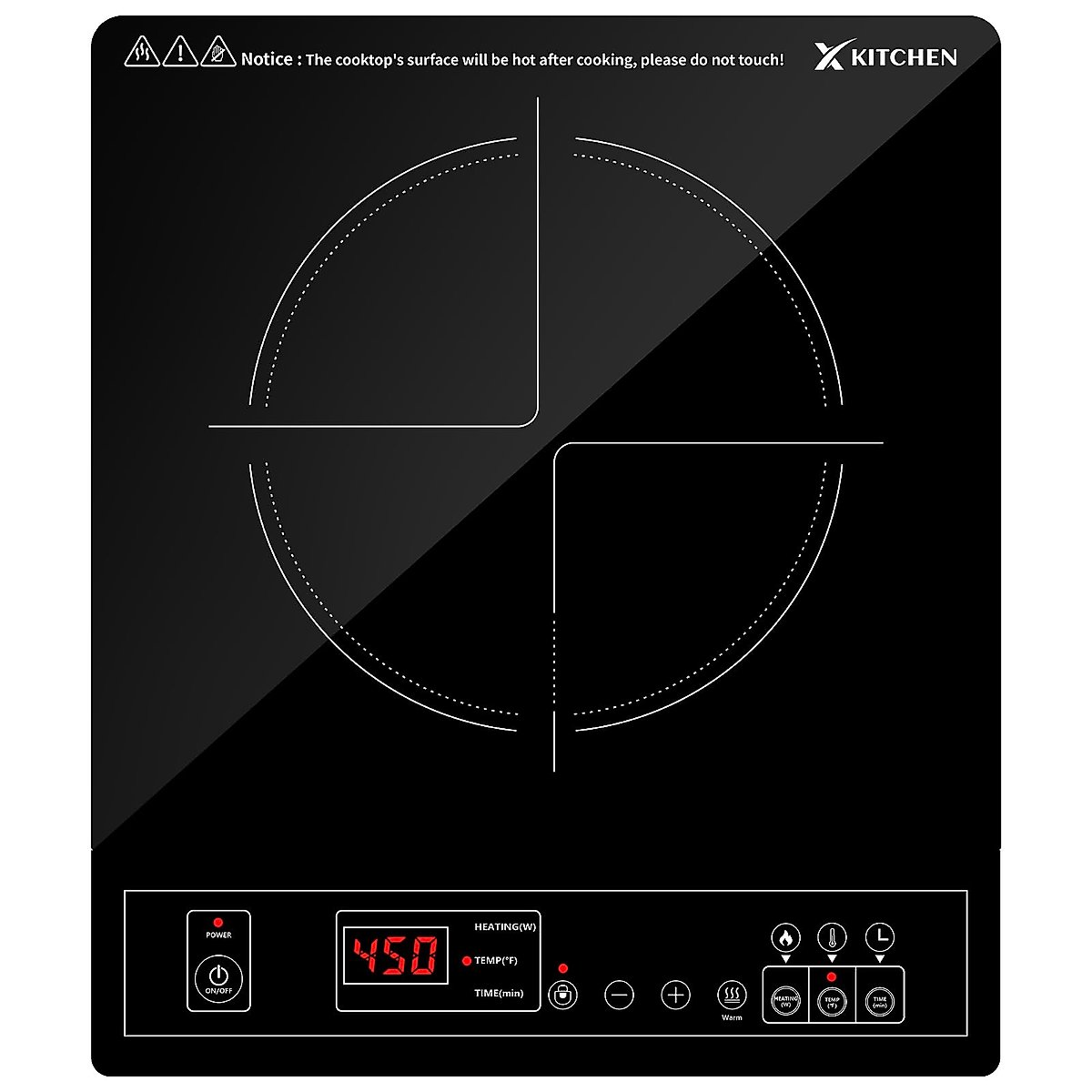 XKitchen Portable Induction Cooktop, 1800W Induction Burner with 9 Power levels, 12 temperature levels(140℉-465℉), Safety Lock, 3-Hour Timer, Countertop Burner with Warm Function, Black, 110V